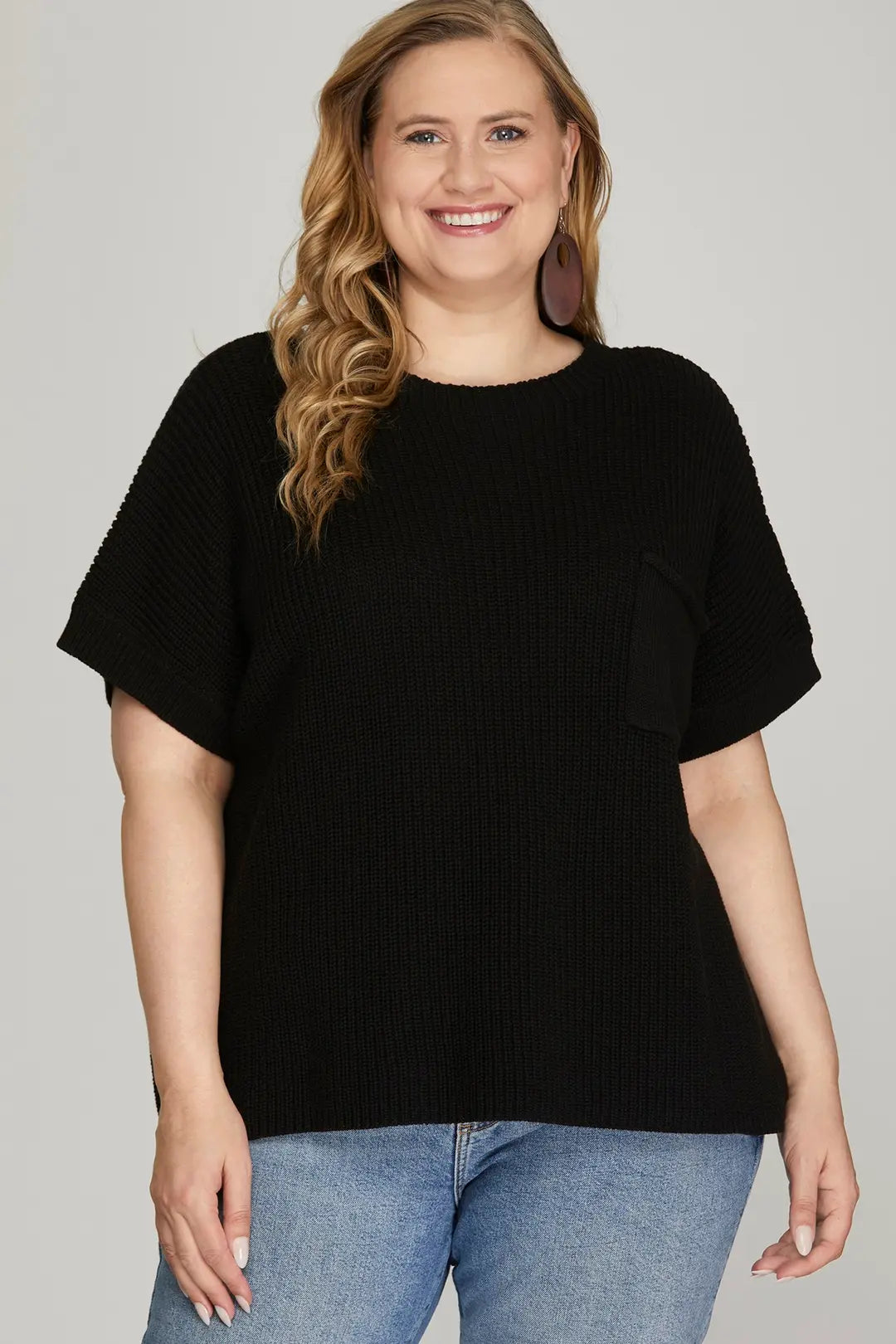 PLUS - DROP SHOULDER SHORT SLEEVE SWEATER TOP WITH SIDE POCKET (2 Colo ...